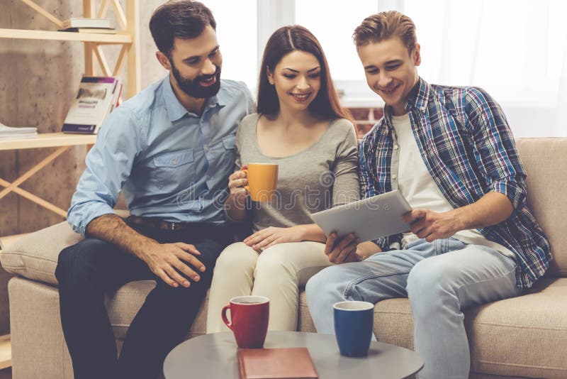 Friends with gadgets stock image. Image of communication - 82313451