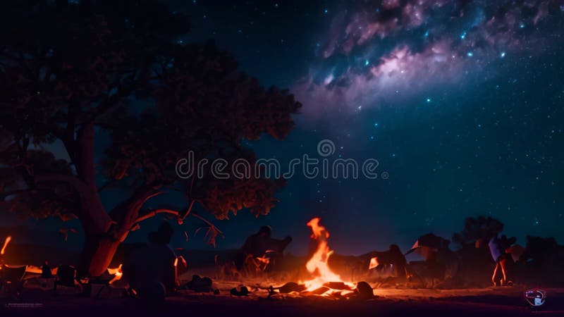 Friends Gathered Around a Cozy Campfire Under a Starry Night Sky, a ...