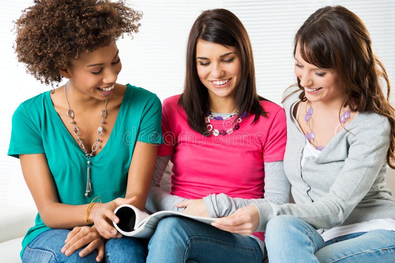 Friends Girls Reading Together Stock Photo - Image of holding ...