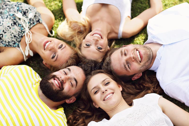 Friends Group Having Fun Together on Grass Stock Image - Image of girl ...