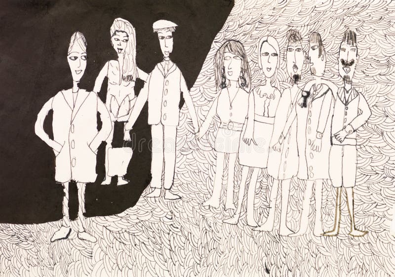 Group Of People Outdoors, Contemporary Drawing Stock Illustration ...