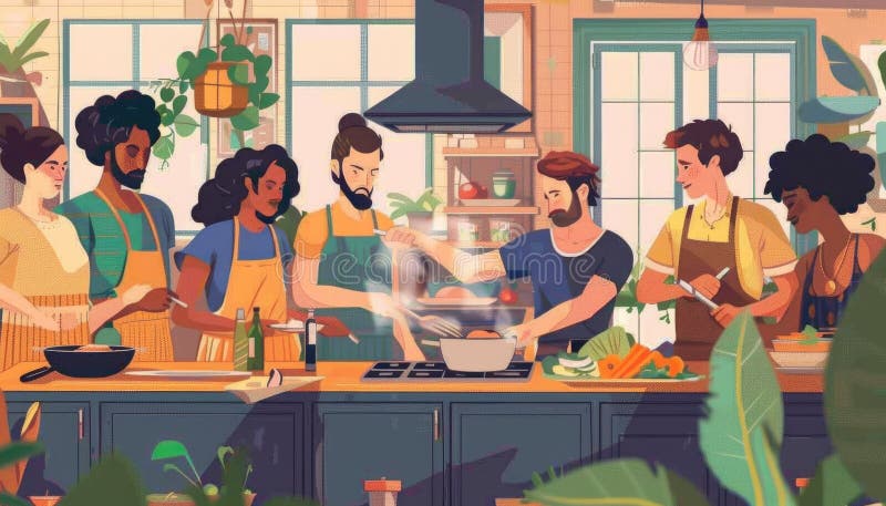 Diverse Group Cooking in Modern Kitchen, Bonding Over Love for Food and ...
