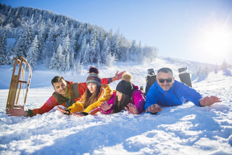 Friends Have Fun at Winter on Fresh Snow Stock Photo - Image of ...