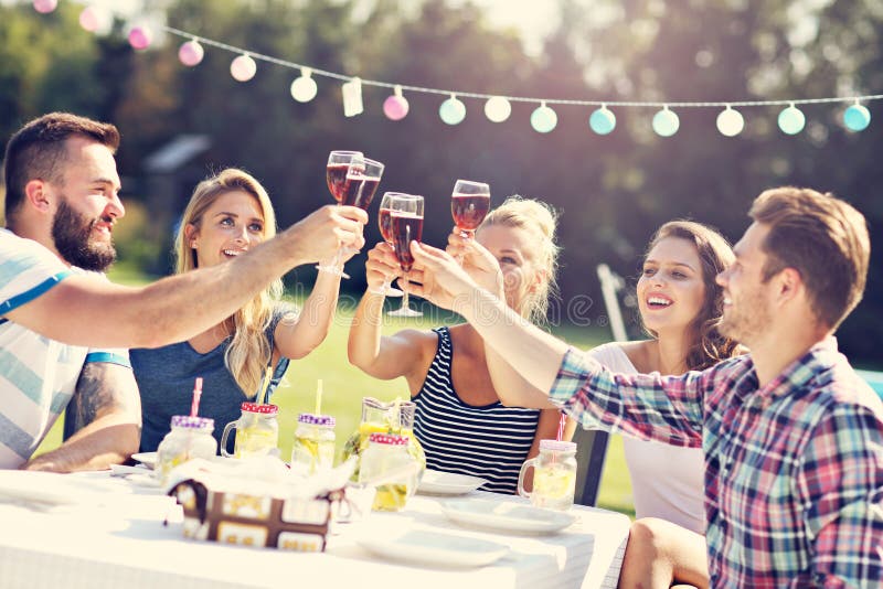 Friends Having Barbecue Party in Backyard Stock Photo - Image of meal ...