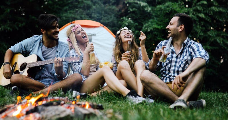 Friends Having Bonfire Party Anf Fun Together Stock Image - Image of ...