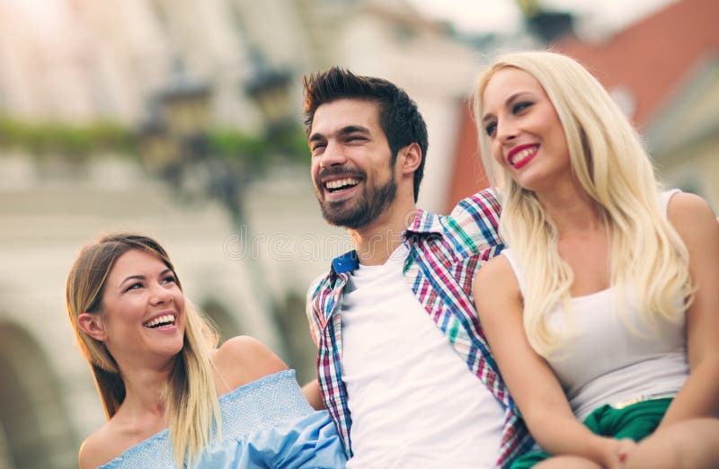 Friends Having Fun on the Bench Stock Image - Image of nature, smiling ...