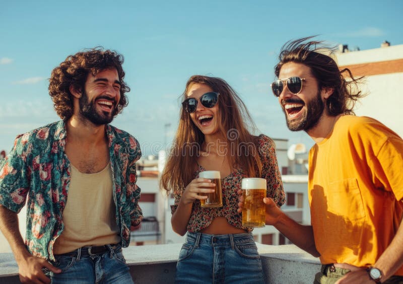 Friends Having Fun and Laughing while Drinking Beer at Rooftop Stock ...