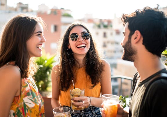 Friends Having Fun and Laughing while Drinking Beer at Rooftop Stock ...