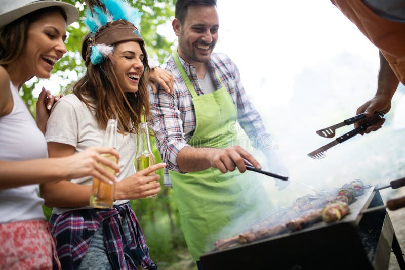 Friends Having Fun in Nature Doing Bbq Stock Image - Image of caucasian ...