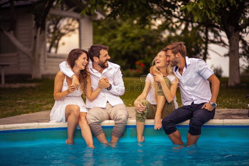 Friends Having Fun by the Pool Stock Photo - Image of cheerful, females ...