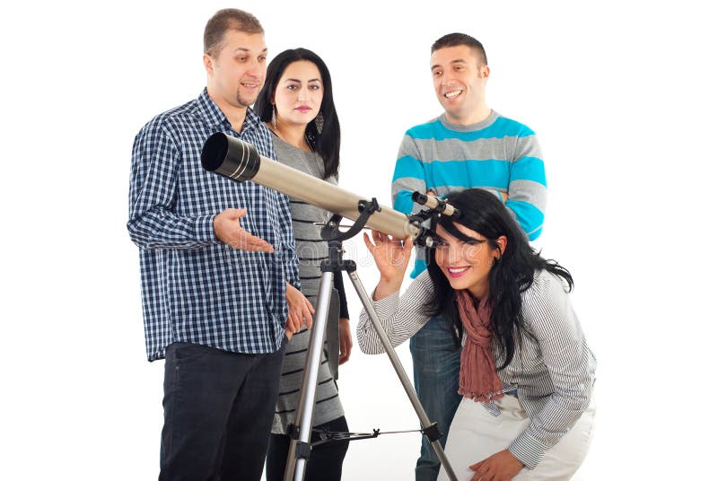 Friends Having Fun with Telescope Stock Photo - Image of adult, close ...