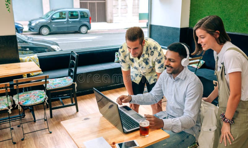 Friends Having Fun on Video Call with Laptop from Cafe Stock Image ...
