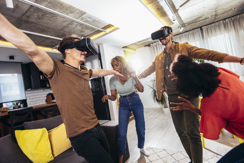 Friends Having Fun with VR in Home Interior Stock Image - Image of ...
