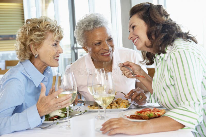 Friends Having Lunch At A Restaurant Stock Image - Image of clothing ...