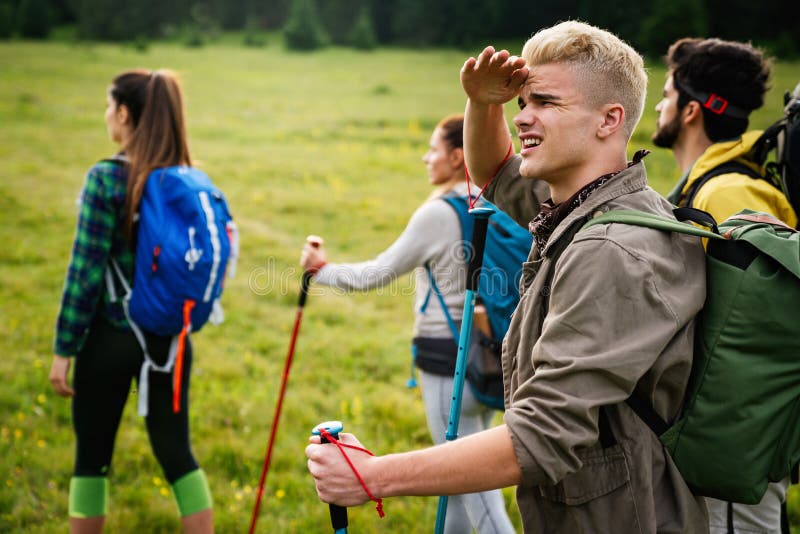 Friends Hiking Together Outdoors Exploring the Wilderness Stock Photo ...
