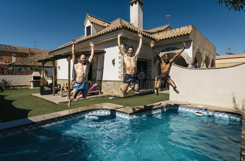 3 Friends Jumping into a Pool in Summer Stock Photo - Image of ...