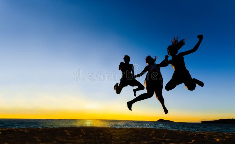 Friends Jumping at Sunset Silhouette Stock Photo - Image of evening ...