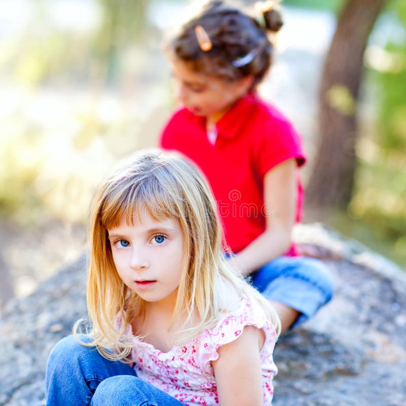 Friends Kid Girls Playing in Forest Rock Stock Image - Image of natural ...