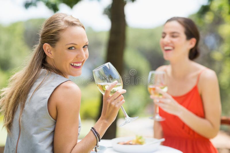 Friends Laughing while Drinking Wine Stock Image - Image of caucasian ...