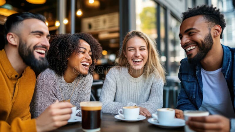 Friends Laughing Over Coffee at Cozy Cafe Stock Illustration ...