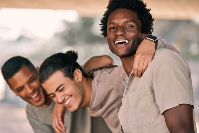 Friends Laughing Together Men Outdoor With Hug And Funny Relax And