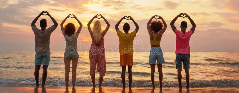 The Friends Making Heart Shapes with Hands Against a Beautiful Sunset ...