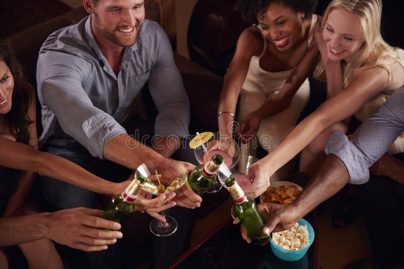 Friends Making a Toast at a Party, Close Up, Elevated View Stock Photo ...