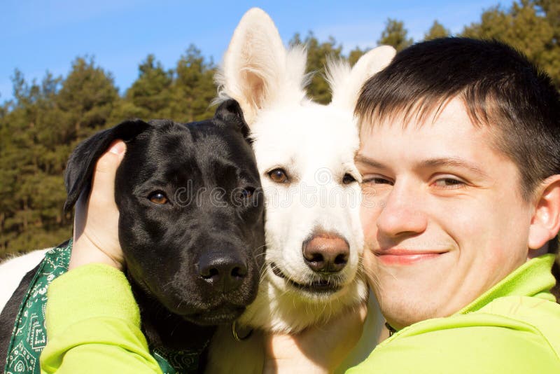 Friends. Man and Two His Dogs. Stock Image - Image of affection ...