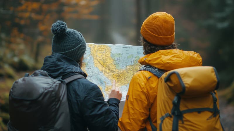Friends Navigate a Forest Path while Examining a Map for Directions ...