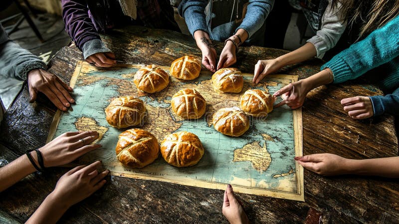 Friends Plan Trip, Arranging Pastries on Antique Map Stock Image ...