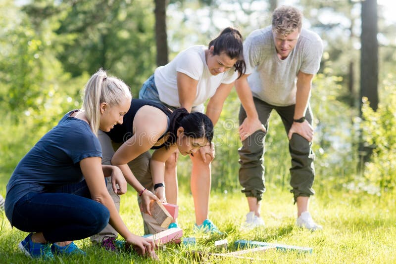 Friends with Building Blocks on Grassy Field in Forest Stock Image ...