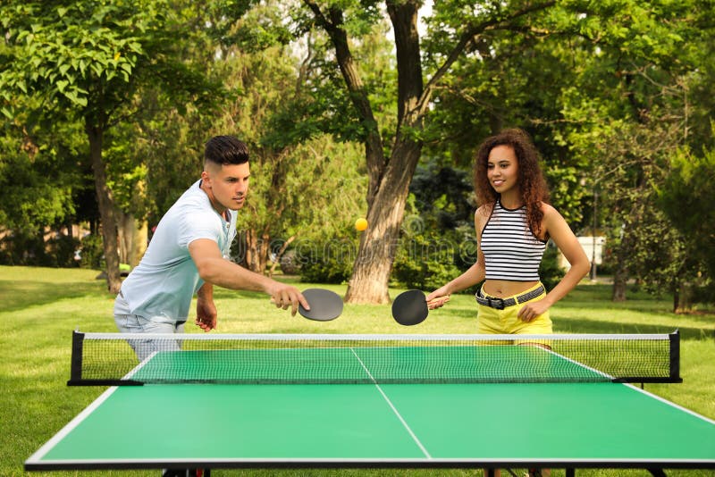Friends Playing Ping Pong Outdoors on Summer Day Stock Image - Image of ...