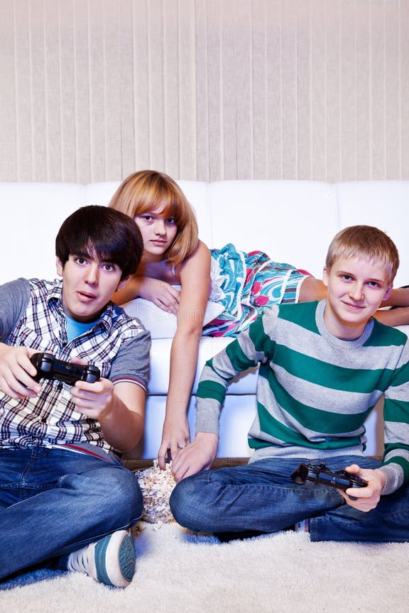 Friends Playng Computer Game Stock Image - Image of comfortable ...