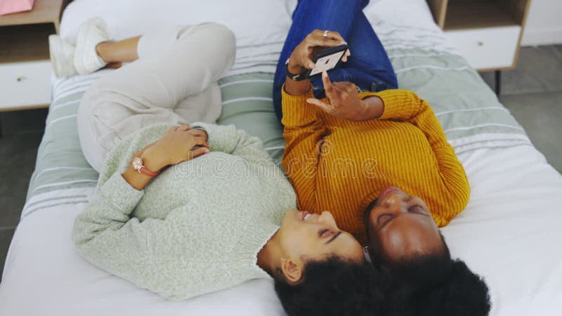 Friends Relax with Smartphone, Scroll Website and Women Talking, Lying ...