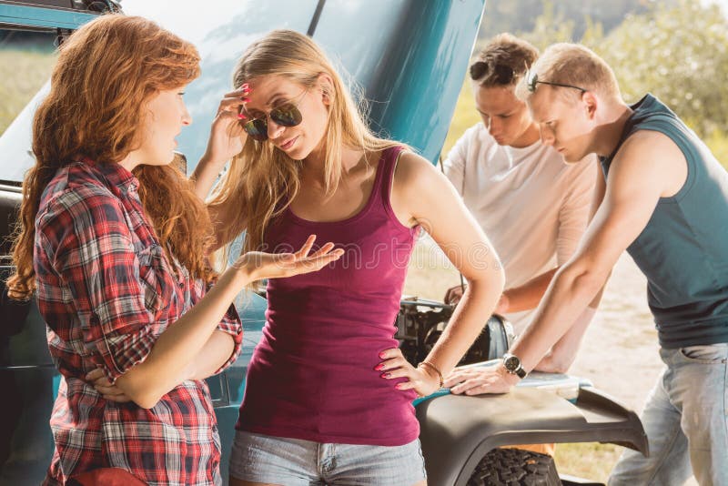 Friends Running into Car Breakdown Stock Image - Image of cabriolet ...