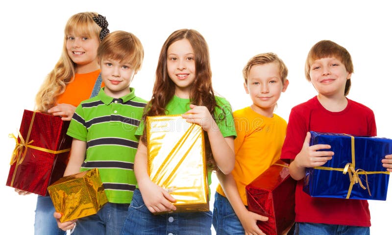 Friends Sharing Christmas Gifts Stock Image - Image of boys, boxes ...