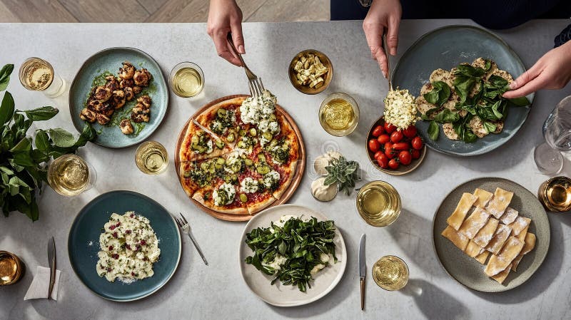 Friends Sharing Gourmet Pizza and Appetizers Indoors Stock Image ...