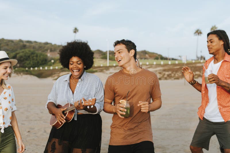 Friends Singing and Dancing at the Beach Stock Image - Image of dance ...