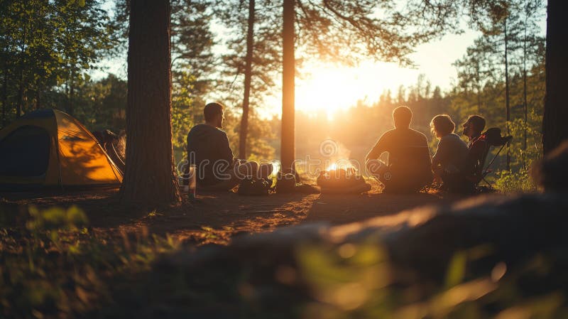 Friends Sitting Around at Camp Ground, Daylight Summer Stock Image ...