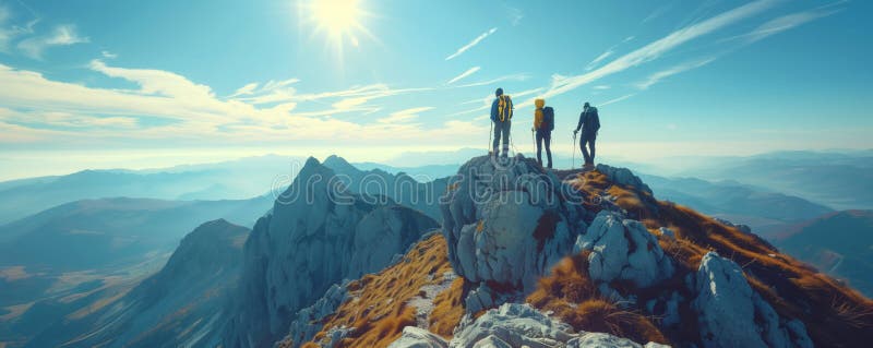 Friends Standing on High Mountain Peak, Enjoying View Stock Photo ...
