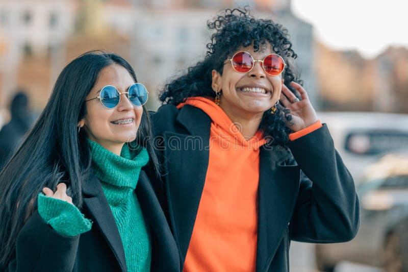 Friends on the Street Smiling Stock Image - Image of freedom, trendy ...