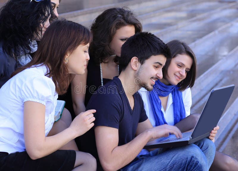 Friends of the Students Looking at the Laptop Screen Stock Image ...