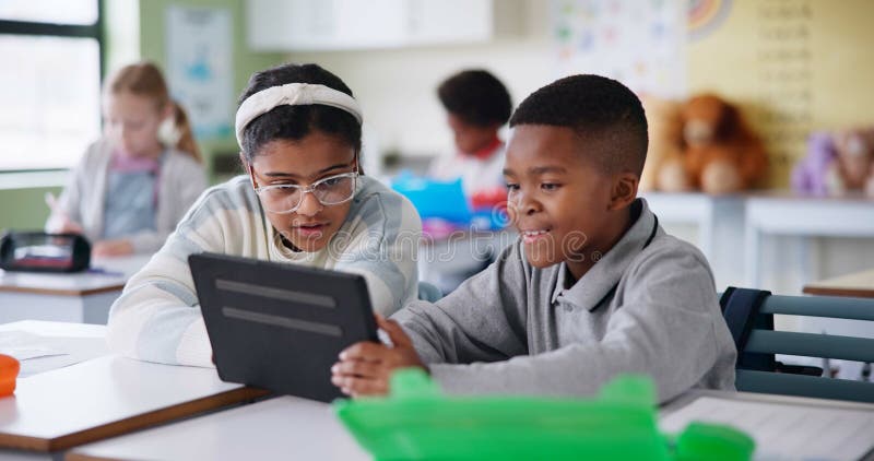 Friends, Studying and Children with Tablet in Classroom, Clever and ...