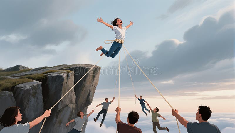 Friends Support Each Other while Launching into the Sky at Dusk Stock ...