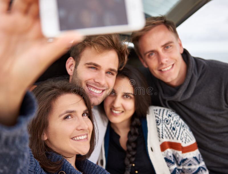 Friends Taking a Selfie while on a Roadtrip Together Stock Image ...
