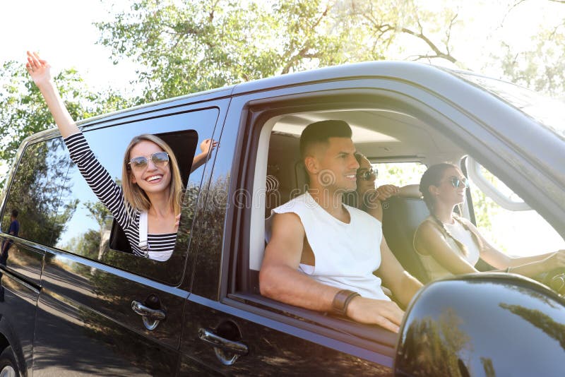 Happy Friends Together in Car on Road Trip Stock Image - Image of ...