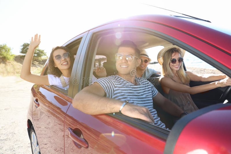 Happy Friends Together in Car on Road Trip Stock Photo - Image of rent ...
