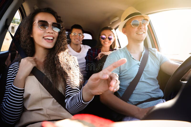 Happy Friends Together in Car on Road Trip Stock Image - Image of rest ...