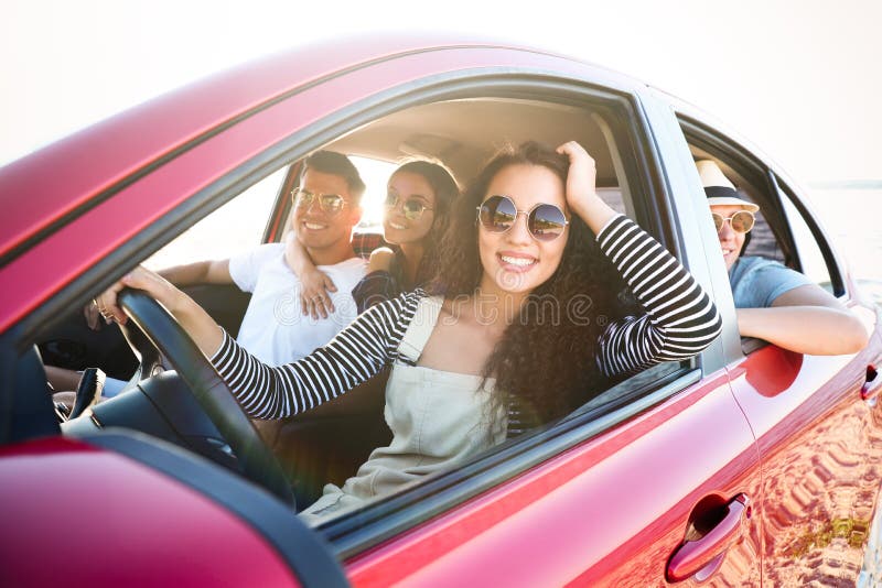 Happy Friends Together in Car on Road Trip Stock Image - Image of ...