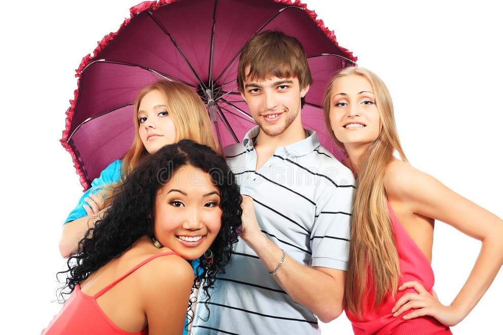 Friends with umbrella stock image. Image of laugh, four - 11509737
